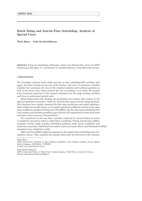 Pdf Batch Sizing And Just In Time Scheduling Analysis Of Some Special Cases