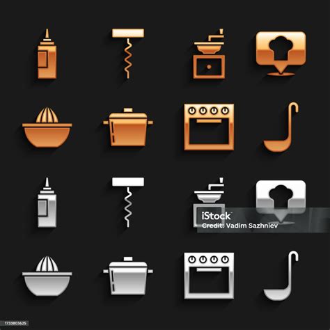 요리 냄비 위치와 요리사 모자 주방 국자 오븐 감귤류 과즙 짜는기구 수동 커피 그라인더 소스 병 및 와인 코르크 마개 아이콘을 설정합니다 벡터 가정 생활에 대한 스톡 벡터