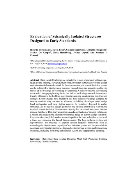 Pdf Evaluation Of Seismically Isolated Structures Designed To Early Standards