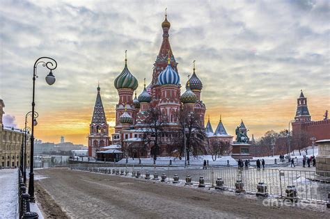Saint Basils Cathedral In Red Square At Winter Morning Road Light