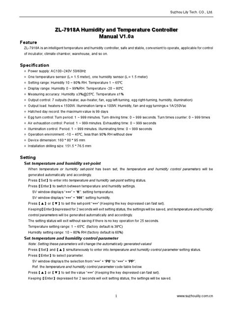ZL-7918A Humidity and Temperature Controller Manual V1.0a: Feature ...