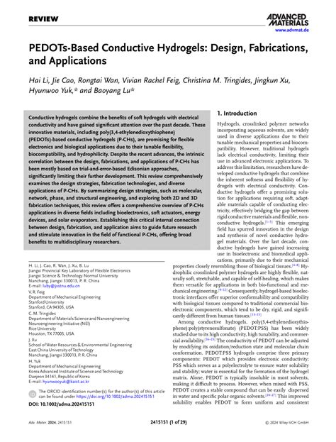Pedots‐based Conductive Hydrogels Design Fabrications And Applications