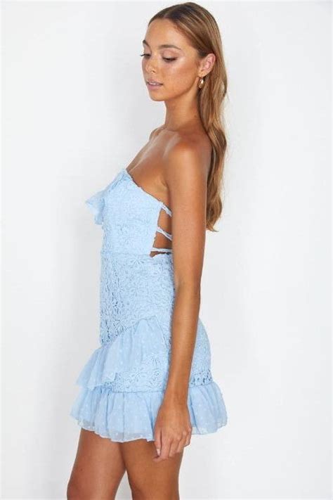 Steel Blue Lace Strapless Ruffle Mini Dress Boho Pink