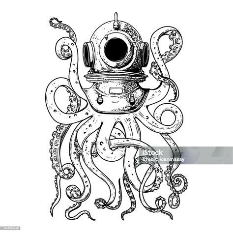 문어 촉수가 있는 빈티지 다이버 헬멧의 그림 포스터 카드 티셔츠의 디자인 요소 벡터 그림 크라켄에 대한 스톡 벡터 아트 및 기타