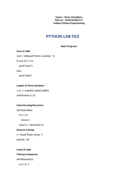 Vaibhav Chaudhary Python Lab File Pdf Software Engineering
