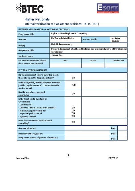 Esoft Assigments Sgjsfgj 1 Higher Nationals Internal Verification Of Assessment Decisions