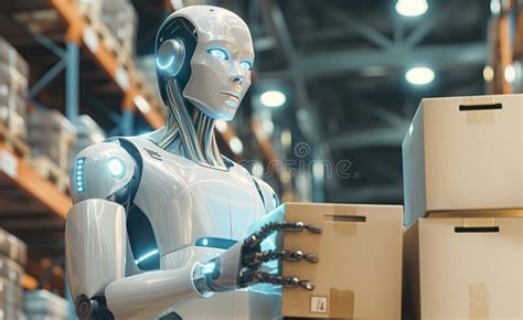 Android Robot Moves Boxes In A Distribution Warehouse Concept Of Automation And Logistics In A