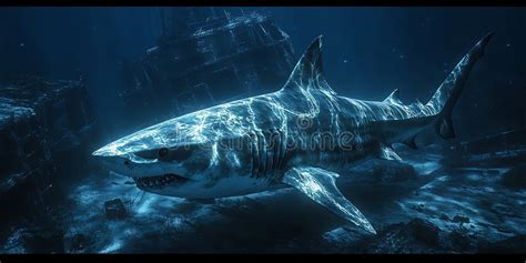 Ghostly Skeletal Shark Swimming Through The Depths Background For Haunted Oceans Ethereal