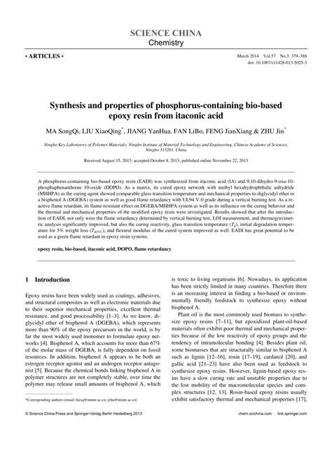 Pdf Synthesis And Properties Of Phosphorus Containing Bio Based Epoxy Resin From Itaconic Acid