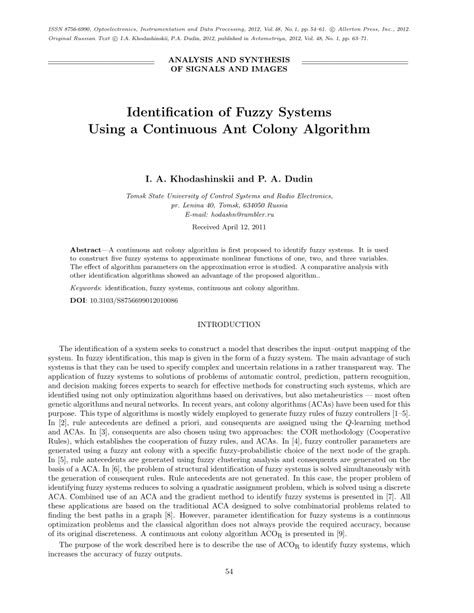 Pdf Identification Of Fuzzy Systems Using A Continuous Ant Colony Algorithm