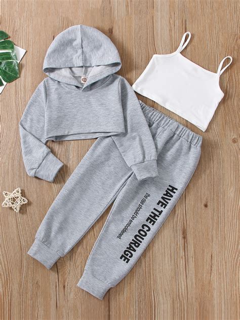 للبنات الصغار هودي مع بطباعة شعار بناطيل رياضي و لباس علوي كامي