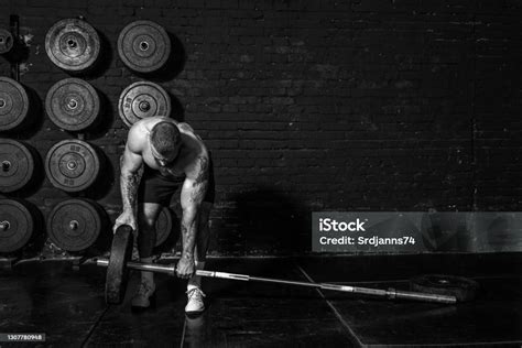 젊은 활성 땀강한 근육 적합 남자 큰 근육 무거운 철 웨이트 플레이트 하드 코어 크로스 체육관 역도 또는 데드 리프트 운동 훈련 실제 사람들 운동 20 29세에 대한 스톡