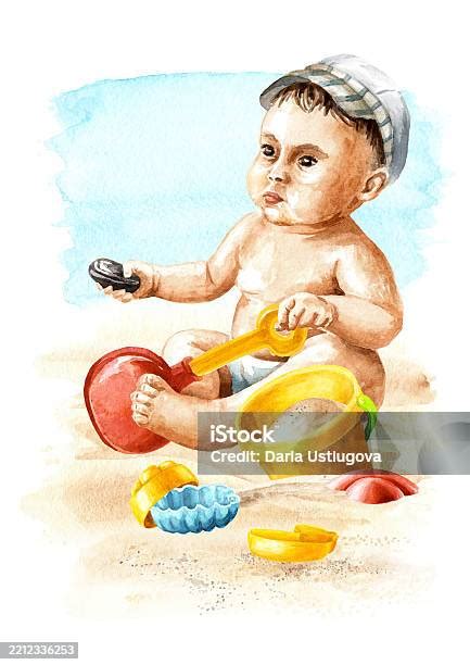 귀여운 작은 아기가 해변의 모래 위에 앉아 있습니다 손으로 그린 수채화 그림은 흰색 배경에 고립되어 복사 공간이 있습니다 2 3 살에 대한 스톡 벡터 아트 및 기타 이미지