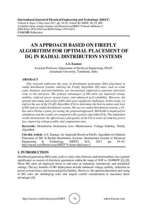 Pdf An Approach Based On Firefly Algorithm For Optimal Placement Of Dg In Radial Distribution