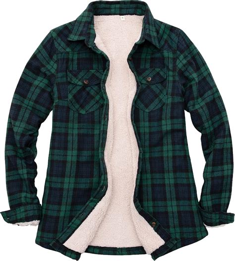 Womens Sherpa Fleece Lined Flannel Jacket Button Down Plaid Flannel