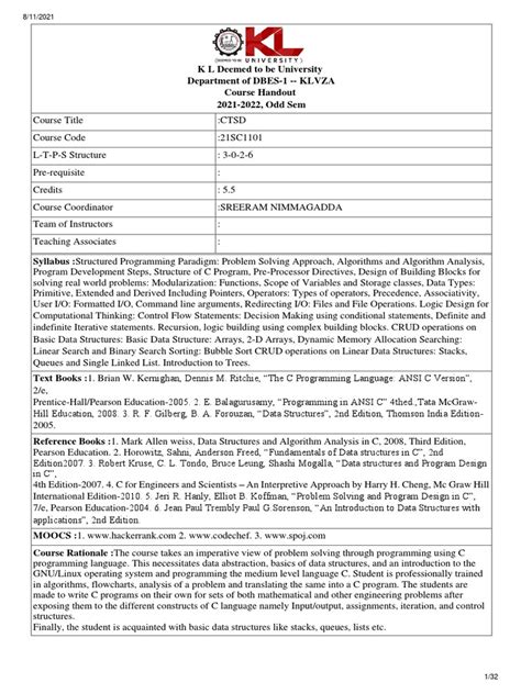Course Handout 21sc1101 Pdf Engineering C Programming Language