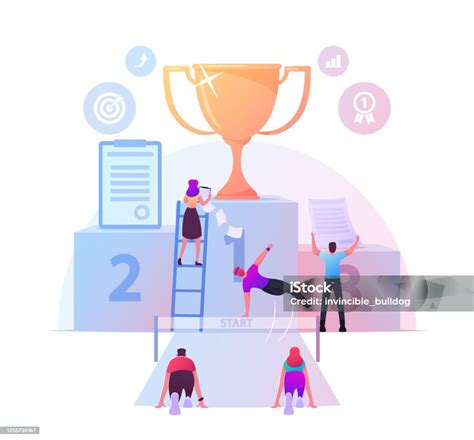 비즈니스 경쟁 장애물 경주 거대한 받침대에서 골드 고블을 이기기 위해 장벽으로 달리는 사무실 사람들 캐릭터 리더십 동료는