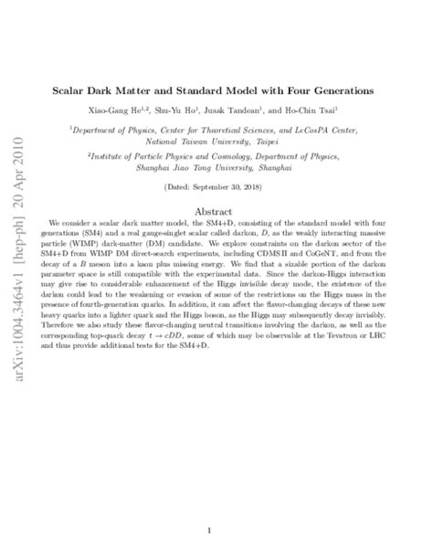 Pdf Scalar Dark Matter And Standard Model With Four Generations