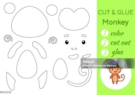 색상 잘라 접착제 종이 작은 원숭이 공예 활동 페이지를 잘라 붙여 넣기 유치원 어린이를위한 교육 게임 Diy 워크 시트 아이 로직 게임 퍼즐 벡터 스톡 일러스트레이션입니다