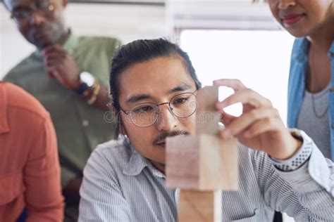 Office Employees And Man With Building Blocks For Problem Solving