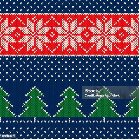 크리스마스 트리와 눈송이와 겨울 휴가 원활한 니트 패턴 니트 스웨터 패턴 디자인 또는 크로스 스티치 자수 계획 바느질하기에 대한 스톡 벡터 아트 및 기타 이미지 Istock
