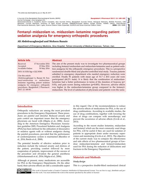 Pdf Fentanyl Midazolam Vs Midazolam Ketamine Regarding Patient