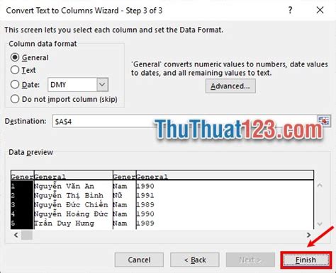 cách tách dữ liệu thành các cột riêng biệt trong excel