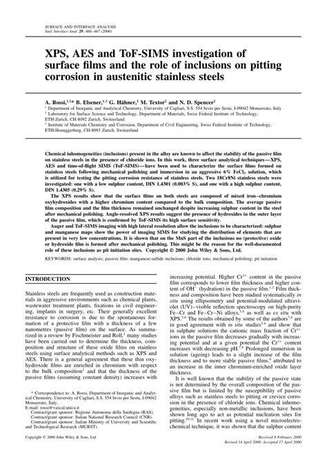 Pdf Xps Aes And Tof Sims Investigation Of Surface Films And The Role Of Inclusions On Pitting