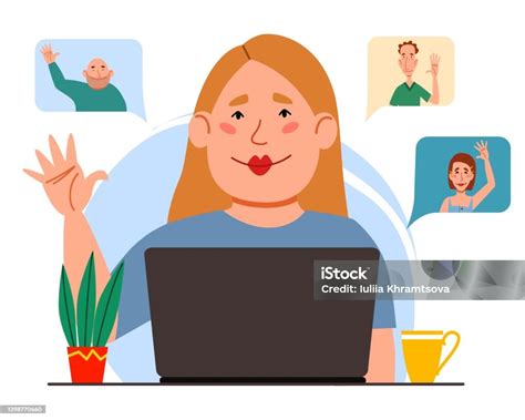 인사하는 다른 사람들과의 가상 회의의 그림입니다 젊은 남성과 여성과의 온라인 회의의 개념 Brand Name Online Messaging Platform에 대한 스톡 벡터