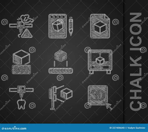 Set Isometric Cube 3d Scanner With Printer Tooth Services File And Warning Icon Vector