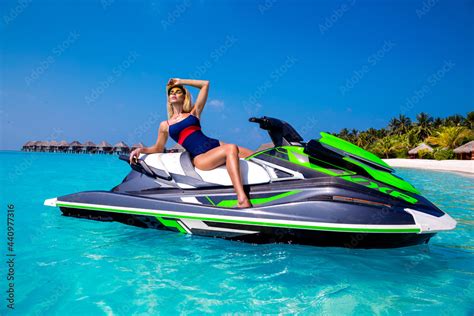 Sexy Tanned Woman Bikini Model At Maldives Tropical Sand Beach Glamour