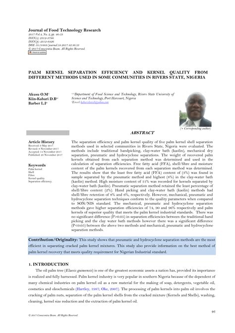 Pdf Palm Kernel Separation Efficiency And Kernel Quality From