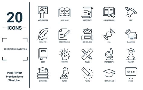 교육 컬렉션 선형 아이콘 세트입니다 얇은 선 수학 깃펜 책 교육 보드 학교 가방 보고서 프리젠 테이션 다이어그램 웹 디자인에
