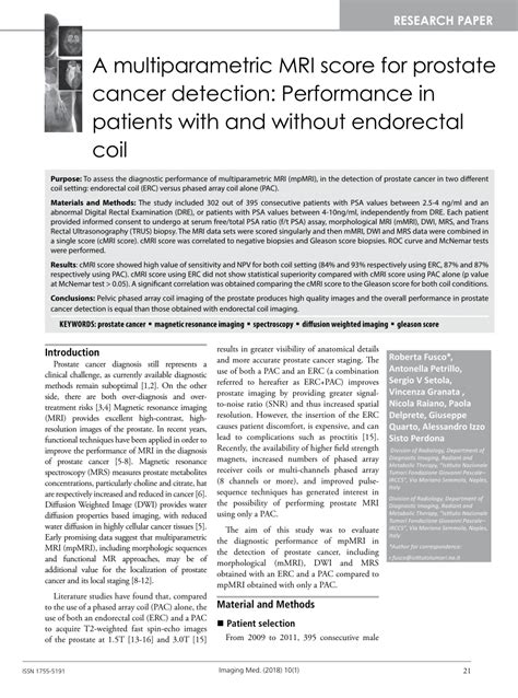 Pdf A Multiparametric Mri Score For Prostate Cancer Detection Performance In Patients With
