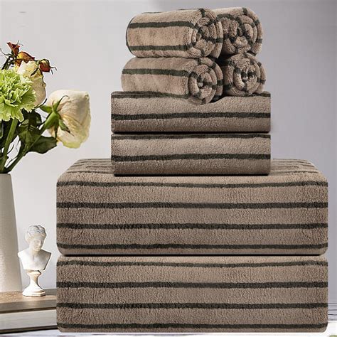 Jessy Home 8 Pcs Dark Brown Bicolor Bar Stripe Large Bath Towels Set 2