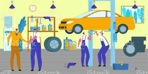 자동차 수리 전문 인력과 정비사 자동 서비스 벡터 일러스트 차고 자동차 자동차 작업에서 노동자 남자 캐릭터 엔진에 대한 스톡