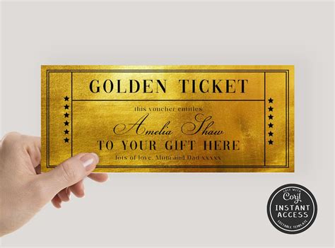 Editable Golden Ticket T Voucher Editable Template Birthday T