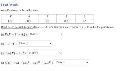 Solved Select For Each A Pmf Is Shown In The Table Below Chegg Com
