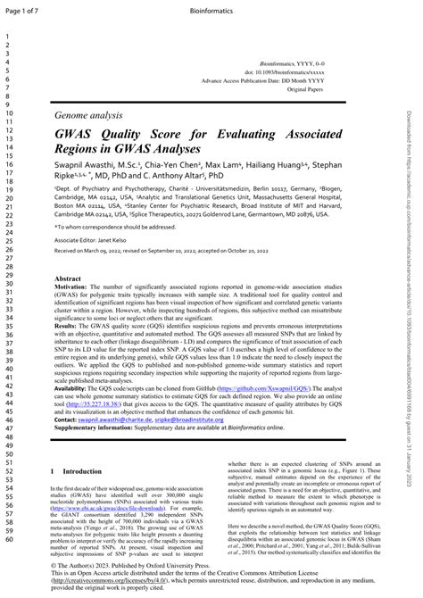 Pdf Gwas Quality Score For Evaluating Associated Regions In Gwas Analyses