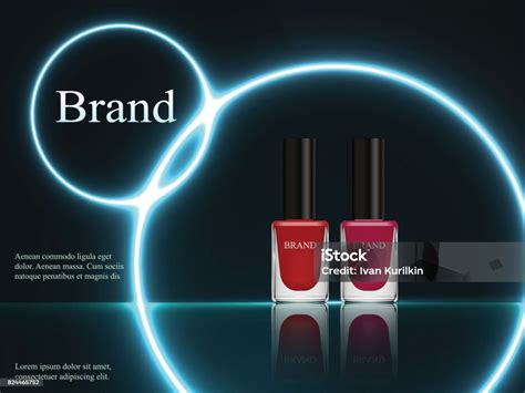 화장품 세트 매니큐어 빨간색과 파란색 네온 빛으로 어두운 배경에 보라색의 디자인 광고 배너 매력 명품 현실적인 3 차원 벡터 3차원 형태에 대한 스톡 벡터 아트 및 기타