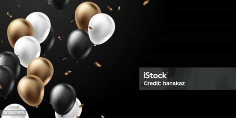검정색과 금색 풍선 배경은 파티 장식 배너 벡터 일러스트레이션을 위해 아름답게 배열되어 있습니다 3차원 형태에 대한 스톡 벡터 아트 및 기타 이미지 Istock