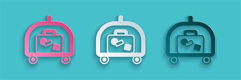 종이 잘라 호텔 수하물 카트 와 여행 가방 아이콘 은 파란색 배경에 격리 여행 수하물 표지판 여행 수하물 아이콘 종이 아트 스타일 벡터 3차원 형태에 대한 스톡 벡터 아트