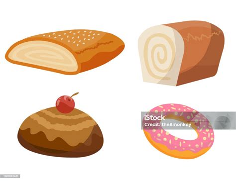 빵 빵집 구색 베이커리 메뉴 레시피 북을 위한 베이킹 페이스트리 제품 세트 바게트 크루아상 쿠키 만두의 만화 귀여운 캐릭터 개체