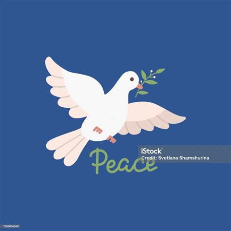 부리에 녹색 올리브 나뭇 가지가있는 흰색 비둘기를 날아 가는 평화의 날 디자인 진한 파란색 배경에 벡터 플랫 일러스트레이션 0명에 대한 스톡 벡터 아트 및 기타 이미지