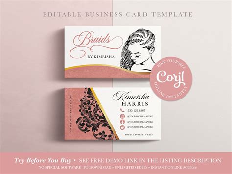 Editable Business Card Hair Braiding Business Card Hair Stylist Braid
