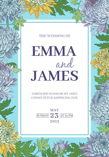 Вертикальная цветочная рамка из хризантем шаблон свадебного приглашения ручная рисованная