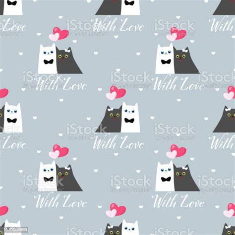 작은 마음과 회색 배경에 사랑 텍스트와 귀여운 커플 고양이의 발렌타인 데이 원활한 패턴 벡터 그림입니다 고양이 새끼에 대한 스톡