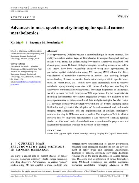Advances In Mass Spectrometry Imaging For Spatial Cancer Metabolomics