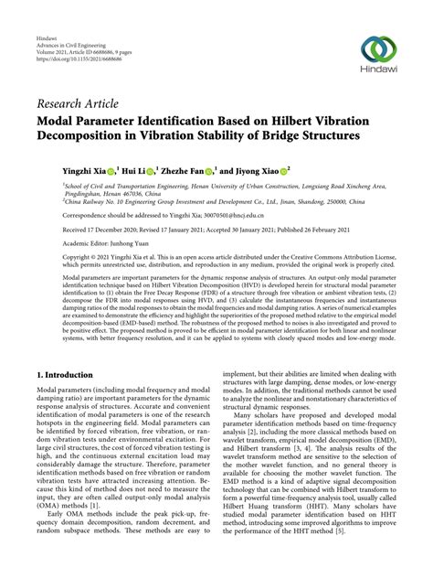 Pdf Modal Parameter Identification Based On Hilbert Vibration