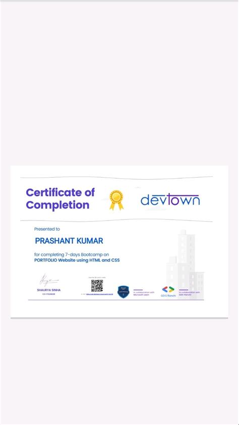 prashant kumar on linkedin this certificate is for html css from devtown